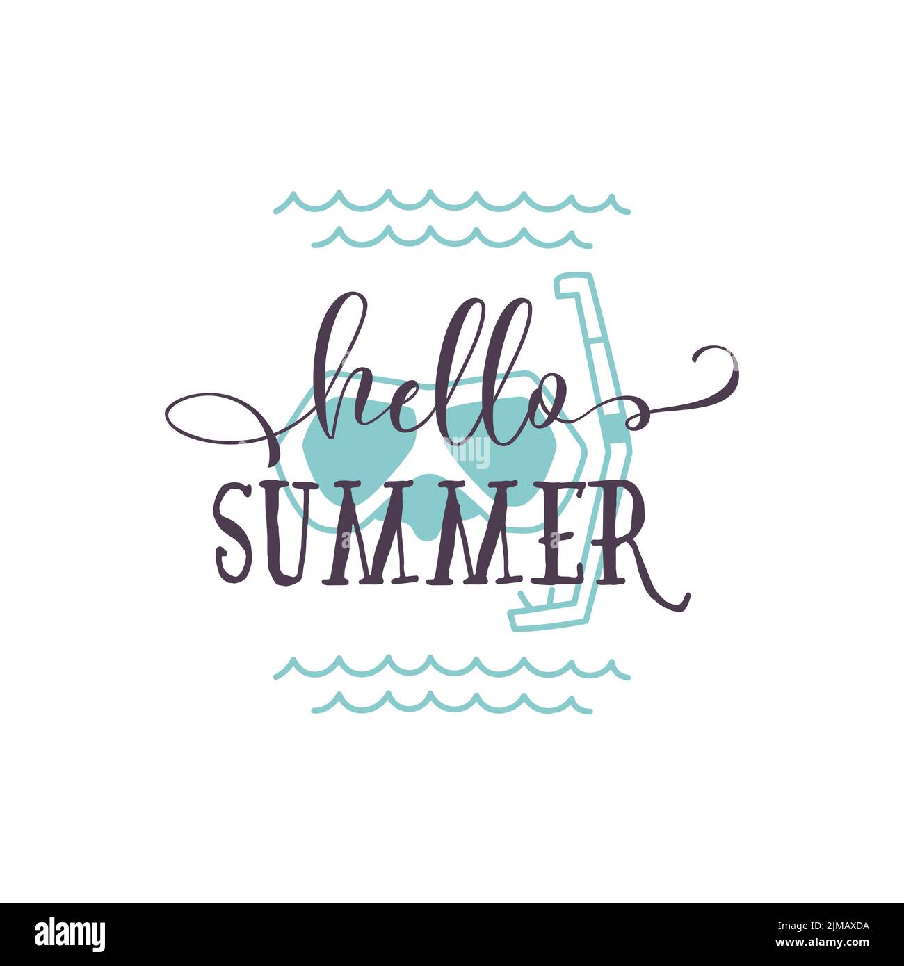 Flat style logo with Hello Summer text and scuba diving mask on white ...