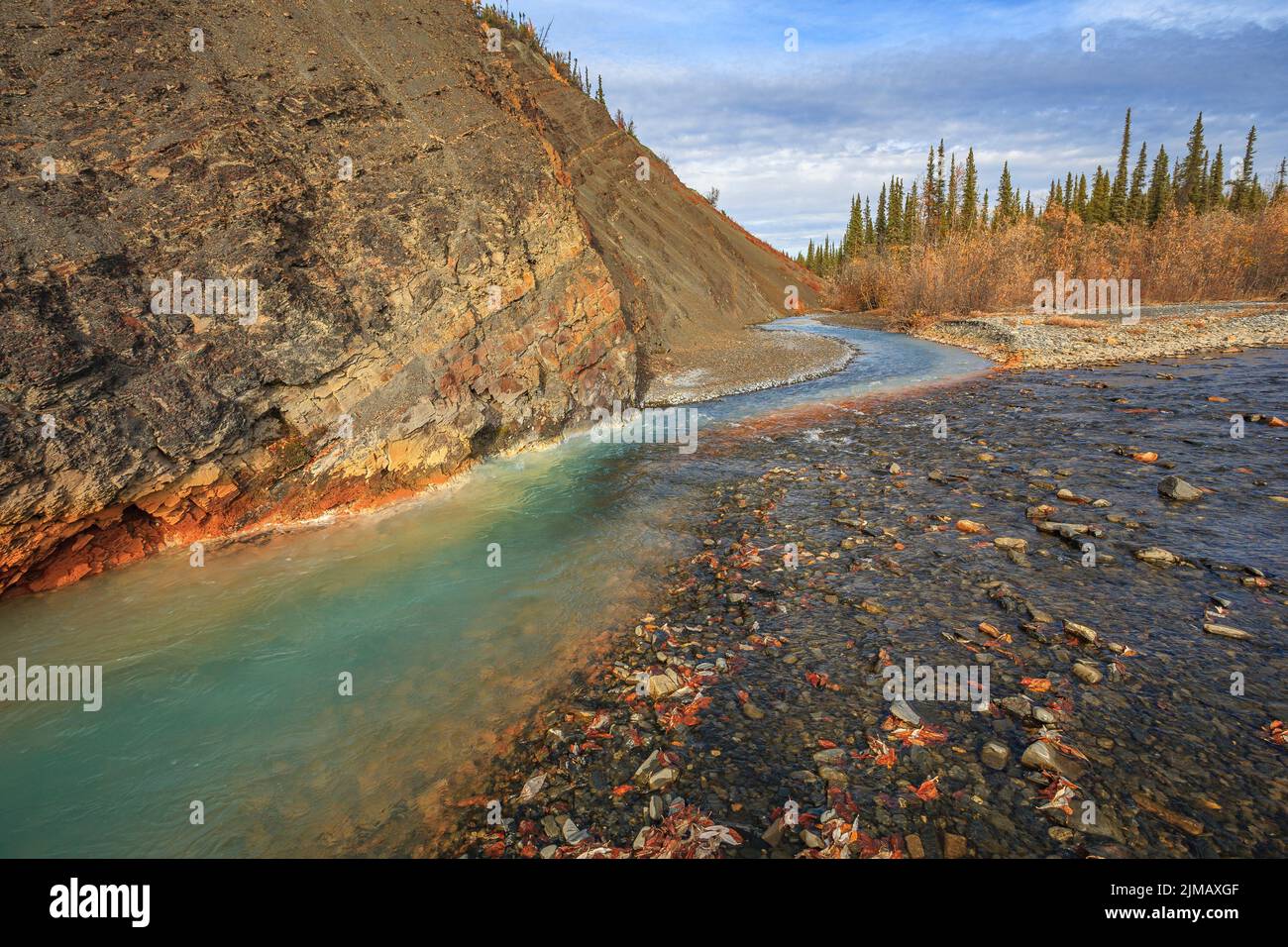 Dissolved minerals create vivid colours in the water as a tributary ...