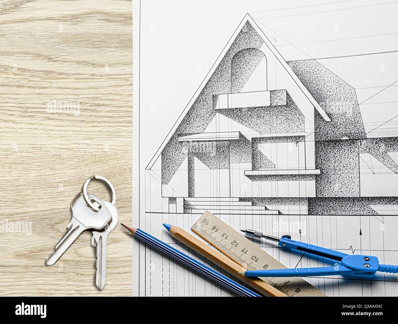 House keys on a house plan blueprint. New house design or home ...
