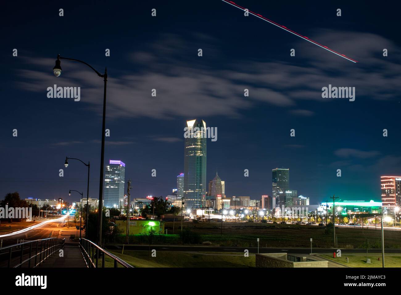 A view of lighted bright cityscape with tall buildings and beautiful ...