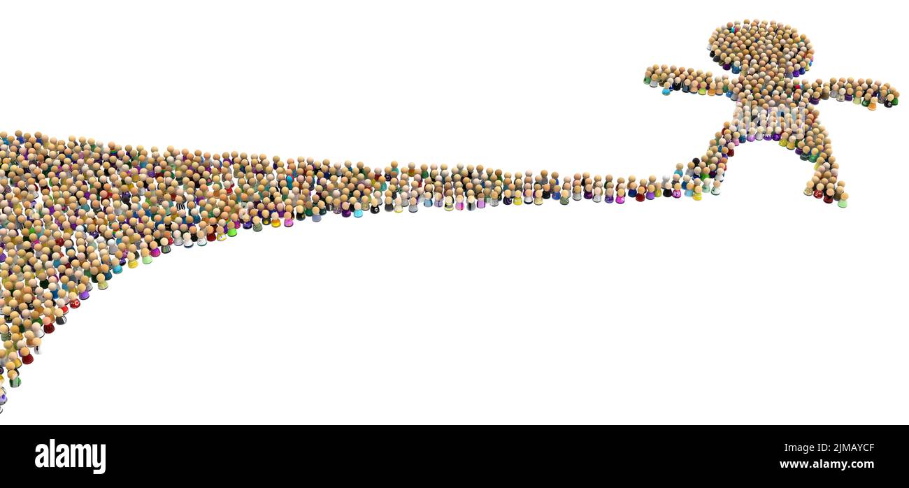 Crowd of small symbolic figures forming big person shape precarious ...