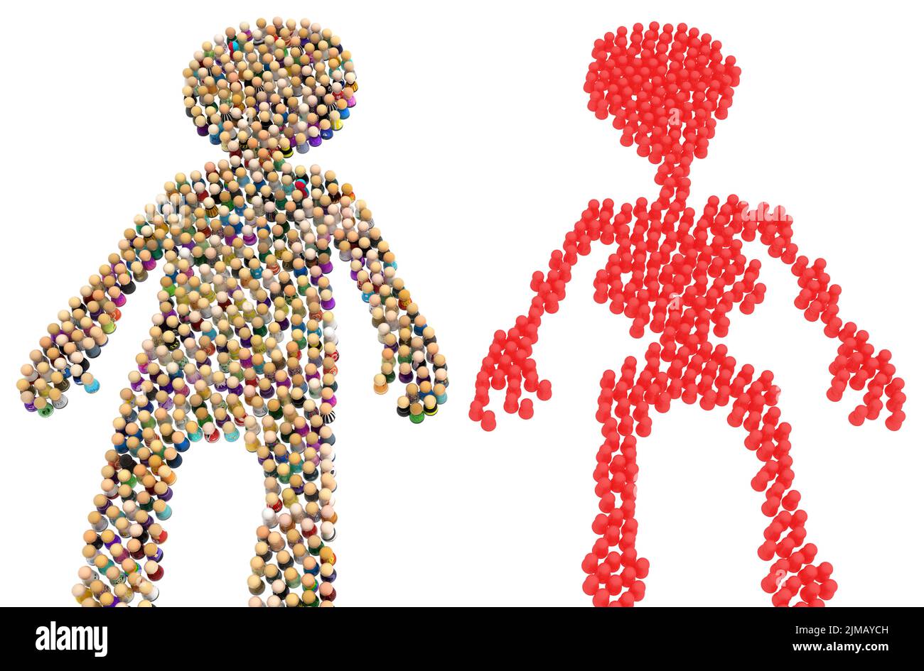 Crowd of small symbolic figures forming big person shape red skeleton ...