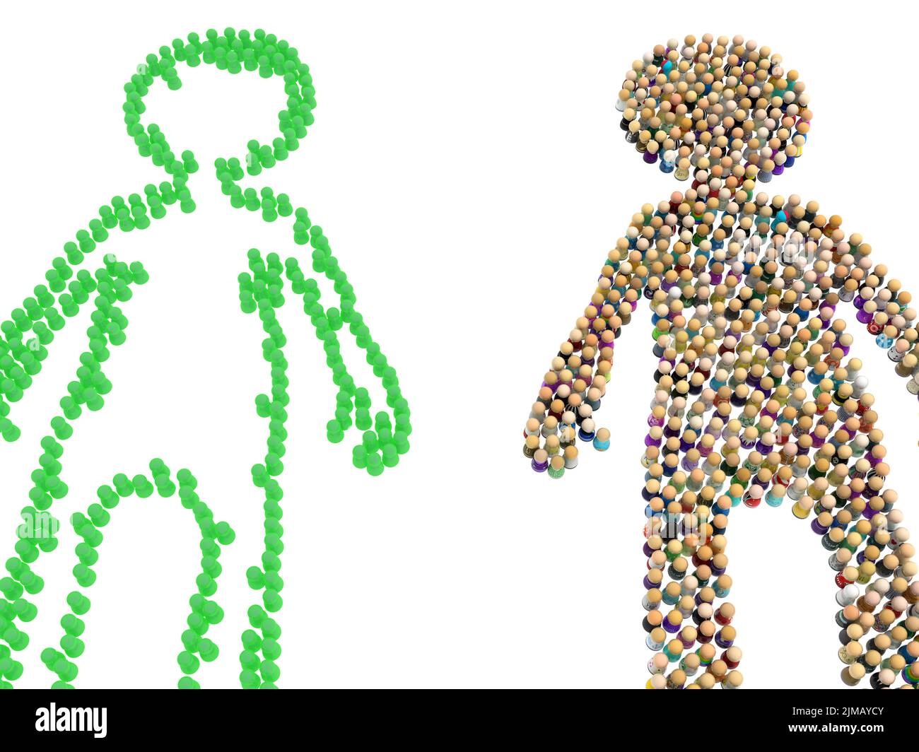 Crowd of small symbolic figures forming big person shape green empty ...