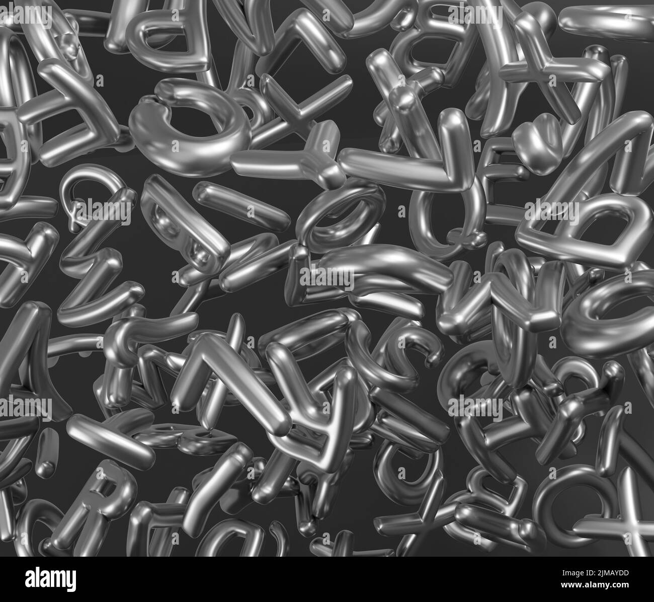 Letters alphabet metal abstract many, 3d illustration, horizontal dark ...