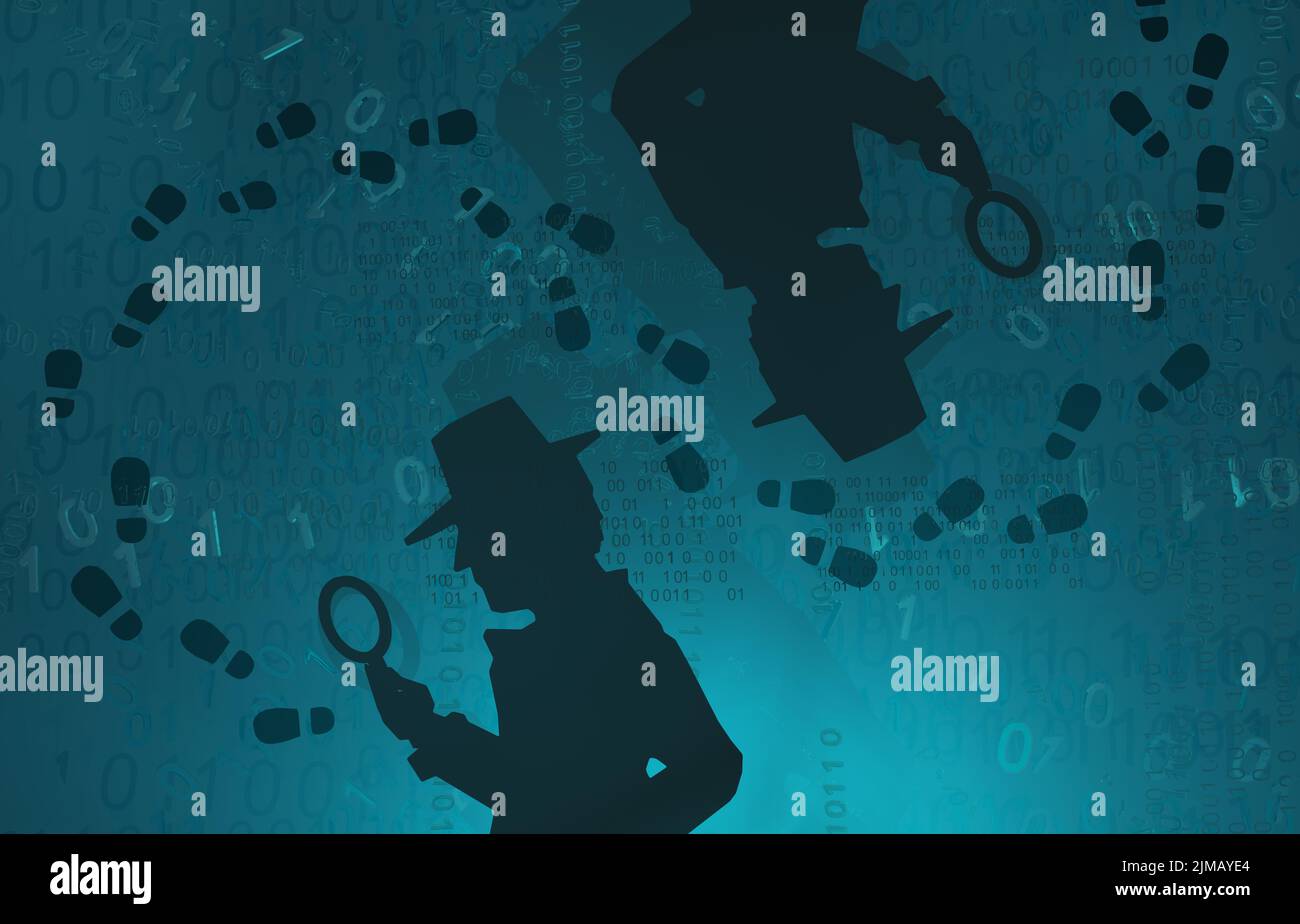 Cyberspace detective shadow figure footprints curve, blue color ...