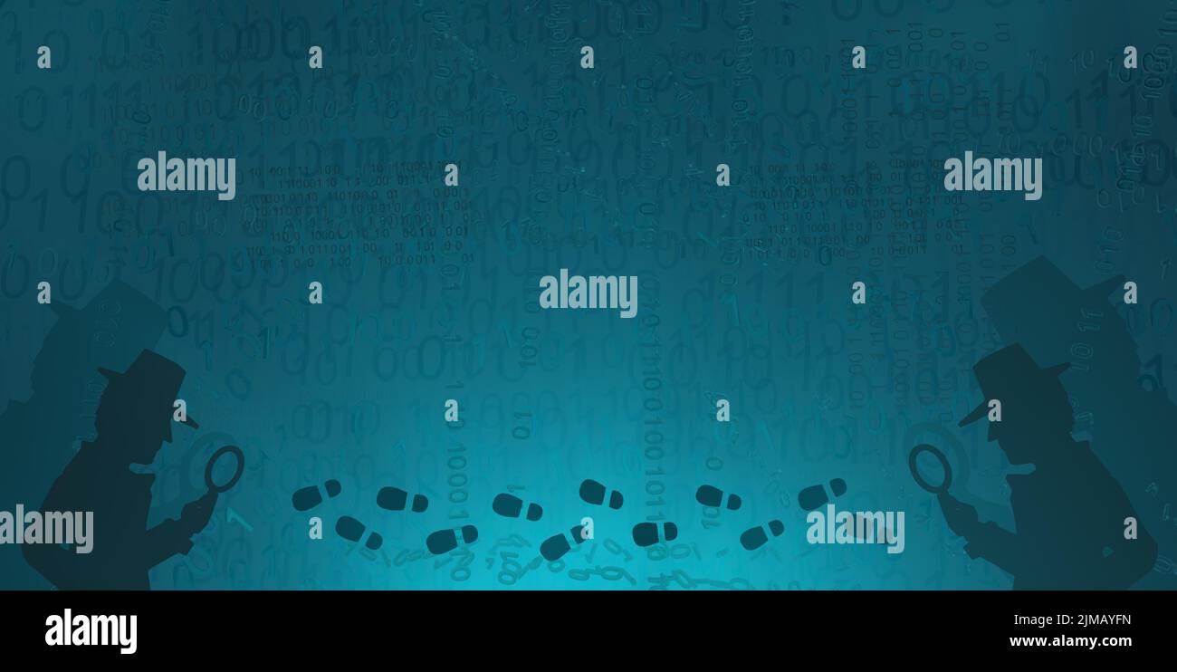 Cyberspace detective shadow figure footprints end, blue color, virtual ...