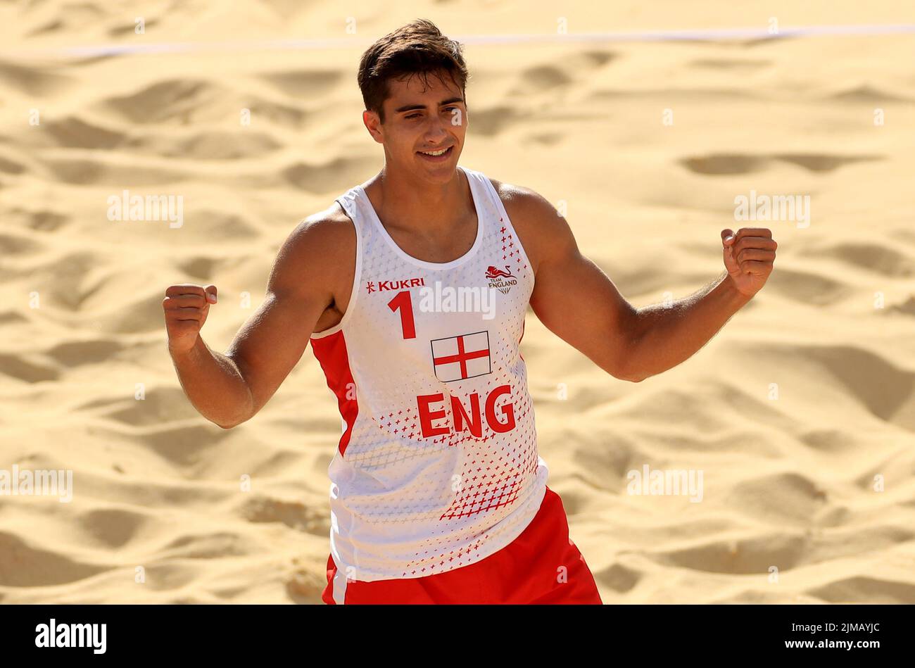 England’s Javier Bello celebrates winning the Men’s Quarter Final match ...