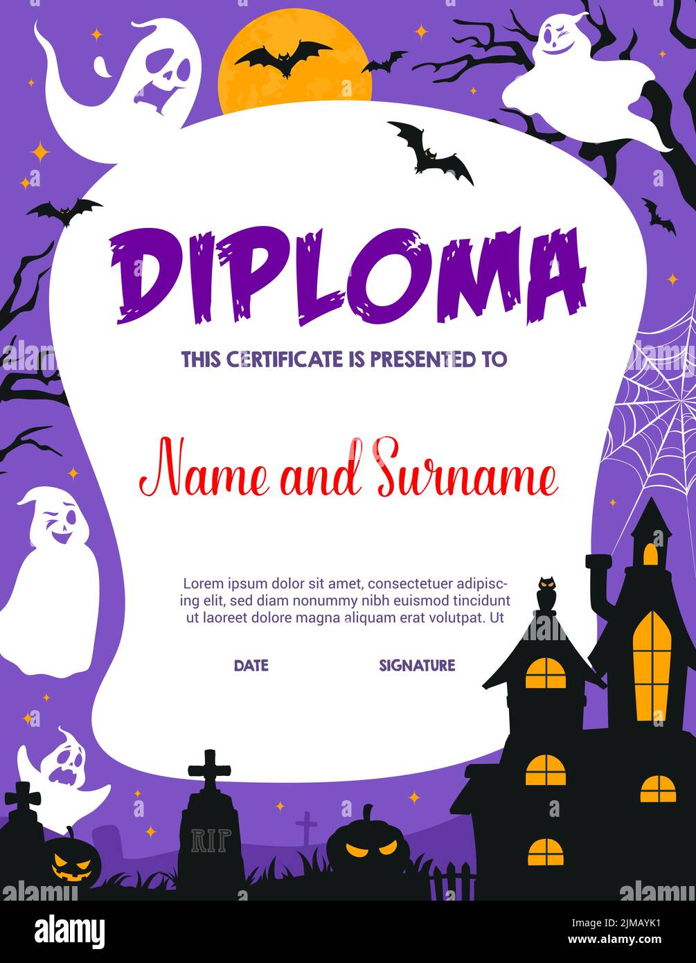 Kids diploma, Halloween ghosts on cemetery, education certificate ...