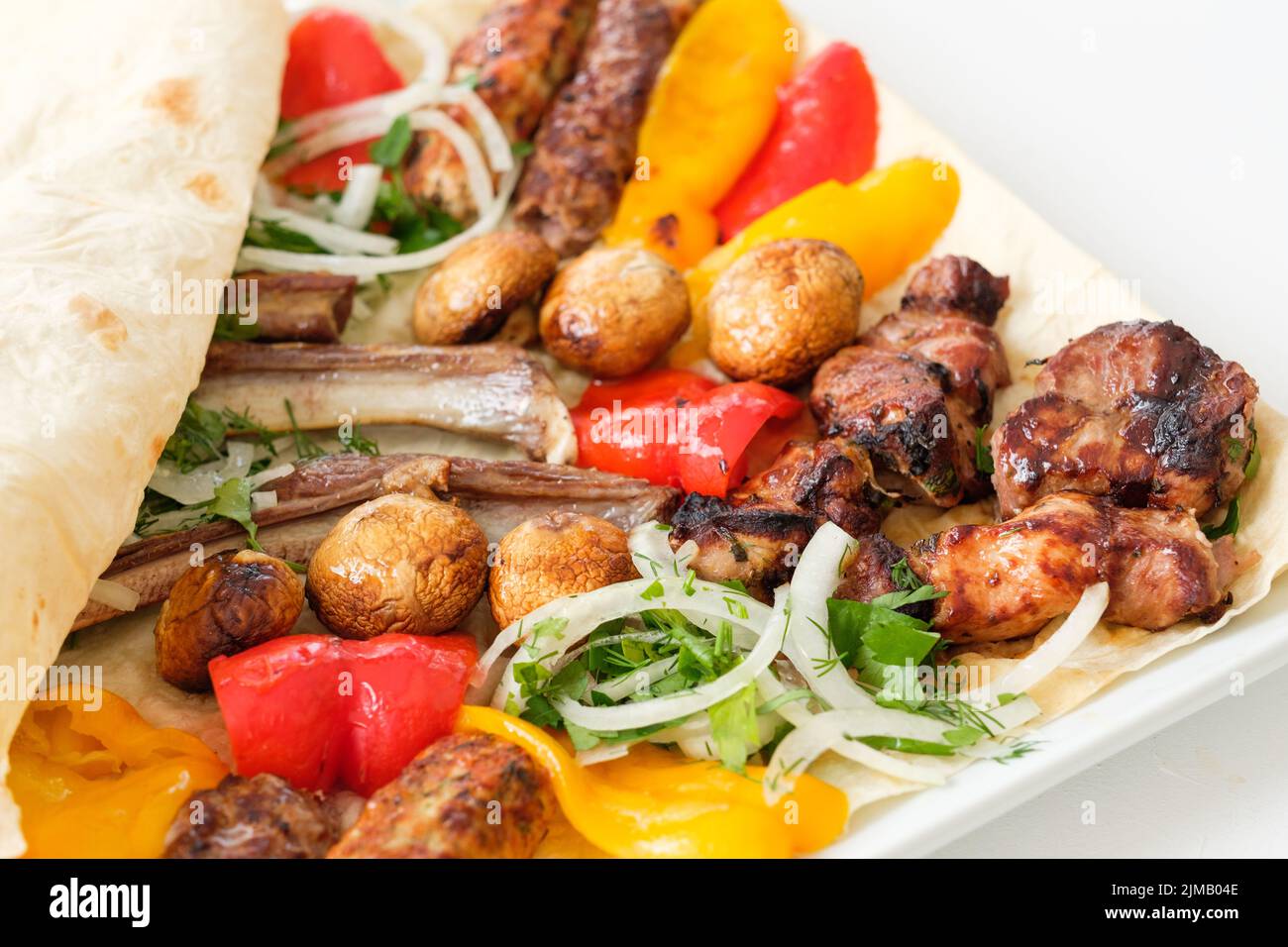 fatty food background meat vegetable platter Stock Photo - Alamy