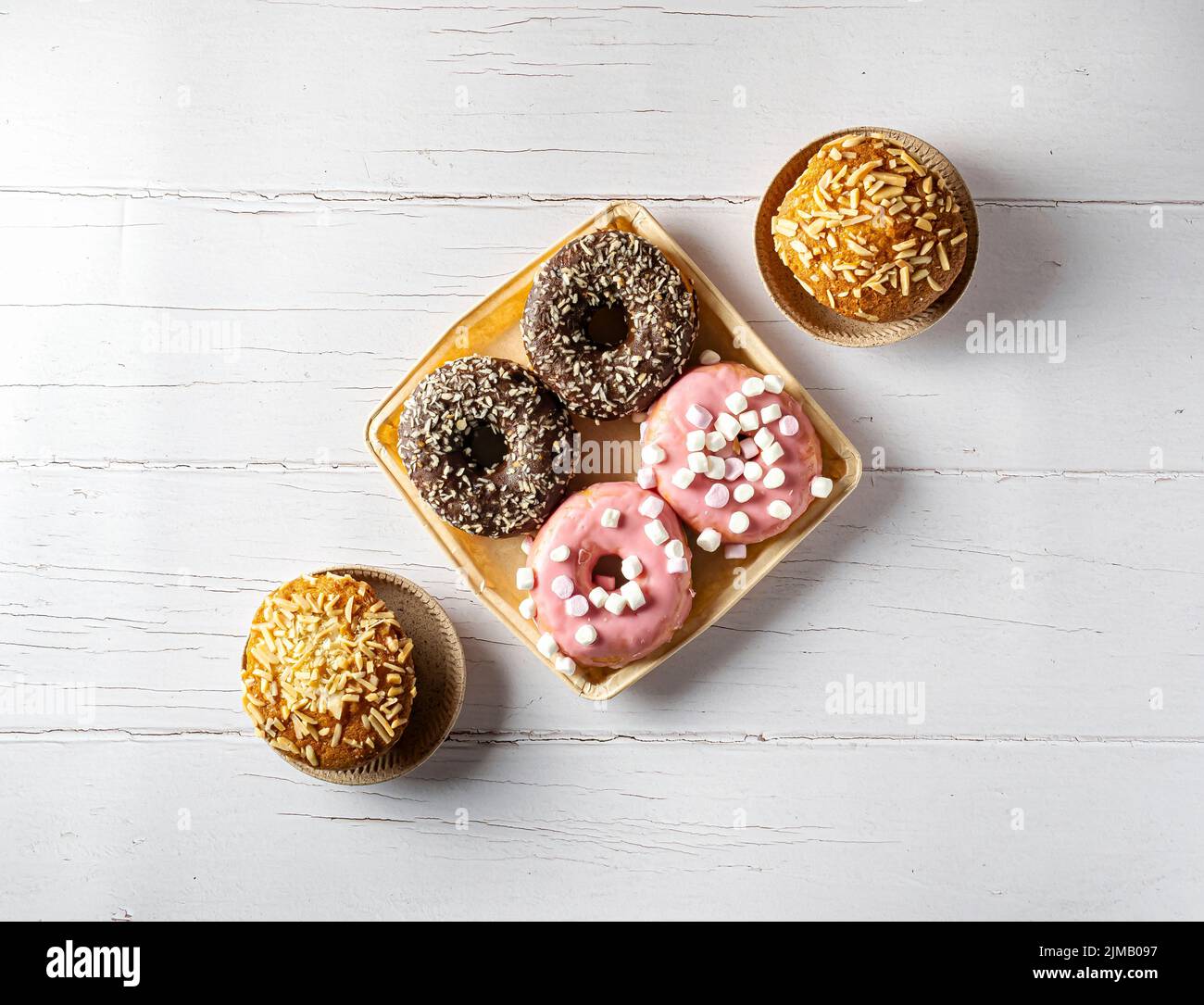 Fresh doughnuts to take away in a recyclable material box Stock Photo ...