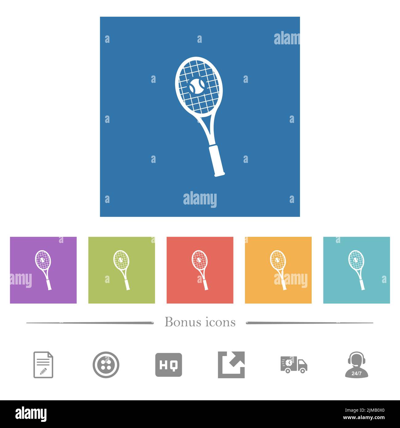Tennis racket with ball flat white icons in square backgrounds. 6 bonus ...