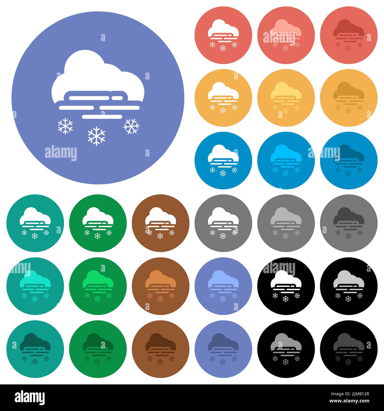 Misty and snowy weather multi colored flat icons on round backgrounds ...