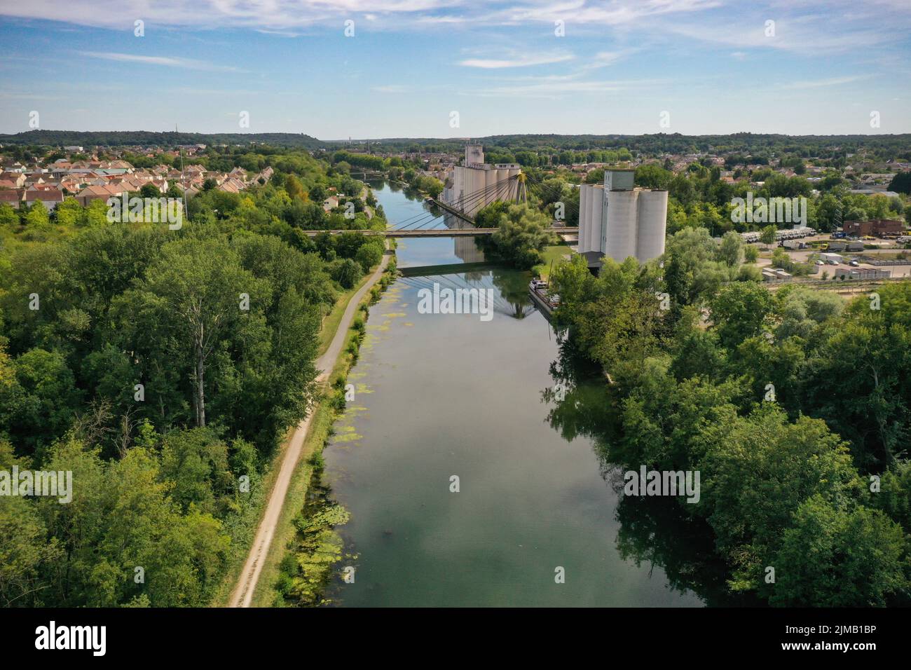 aerial view on the river the loing and the Charles Hochart bridge on ...
