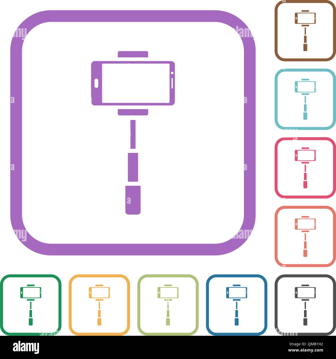 Smartphone on selfie stick front view simple icons in color rounded square frames on white ...