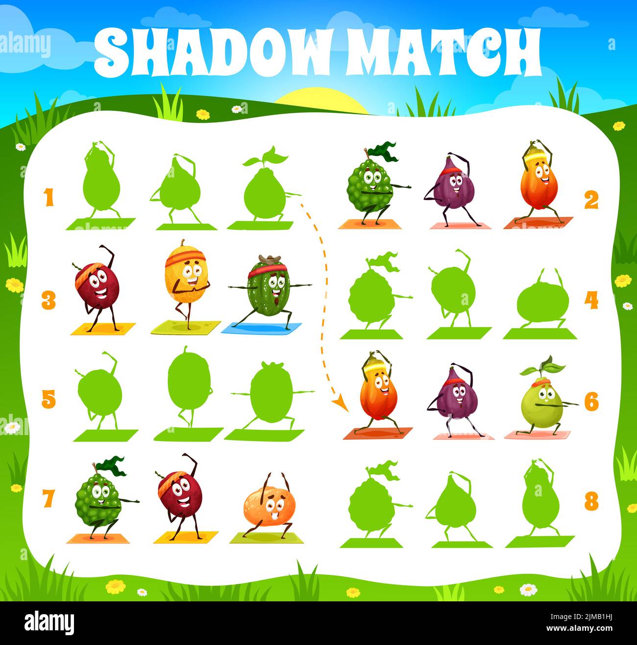 Shadow match kids game worksheet. Cartoon fruits yoga vector characters ...