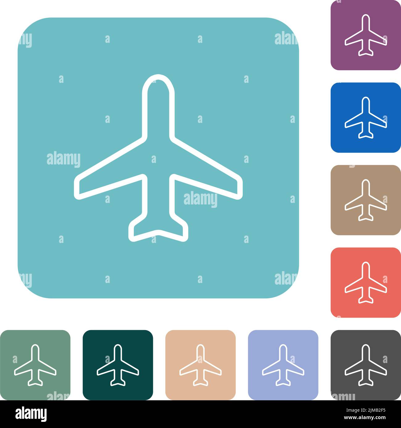 Airplane top view outline white flat icons on color rounded square ...