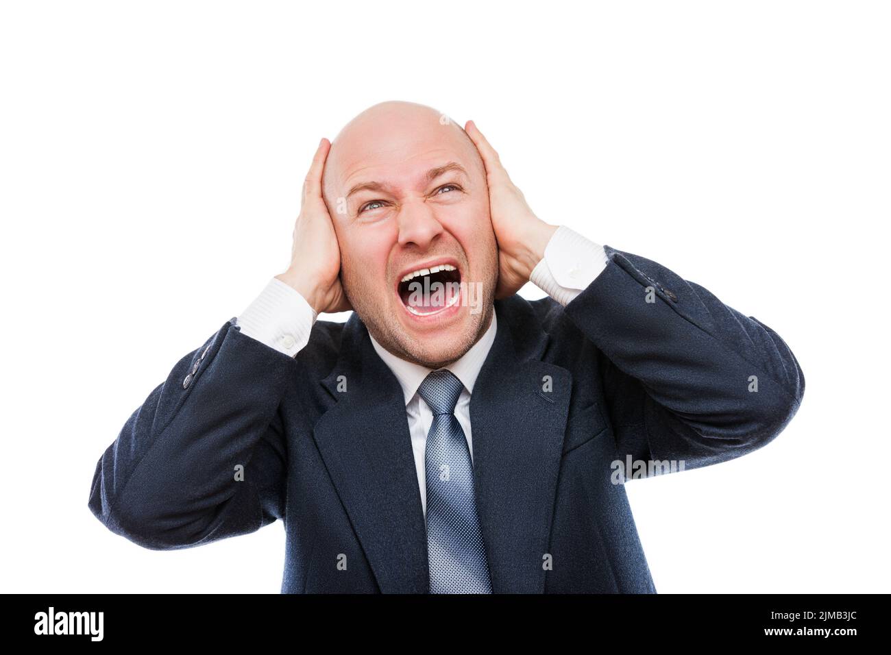 Loud shouting or screaming tired stressed businessman hands covering ...