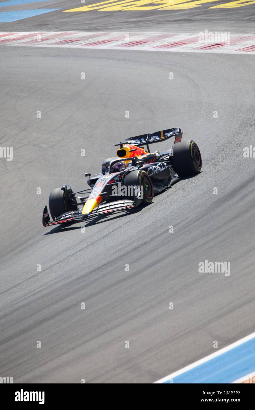 A race car on a track racing at high speed during the 2022 French Grand ...