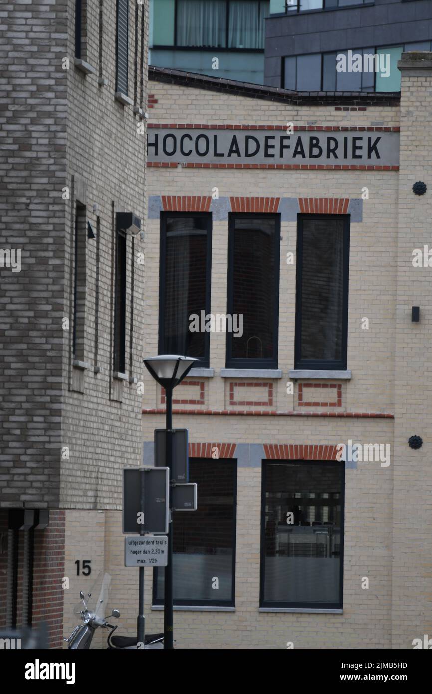 A close-up, vertical shot of the old chocolate factory ...