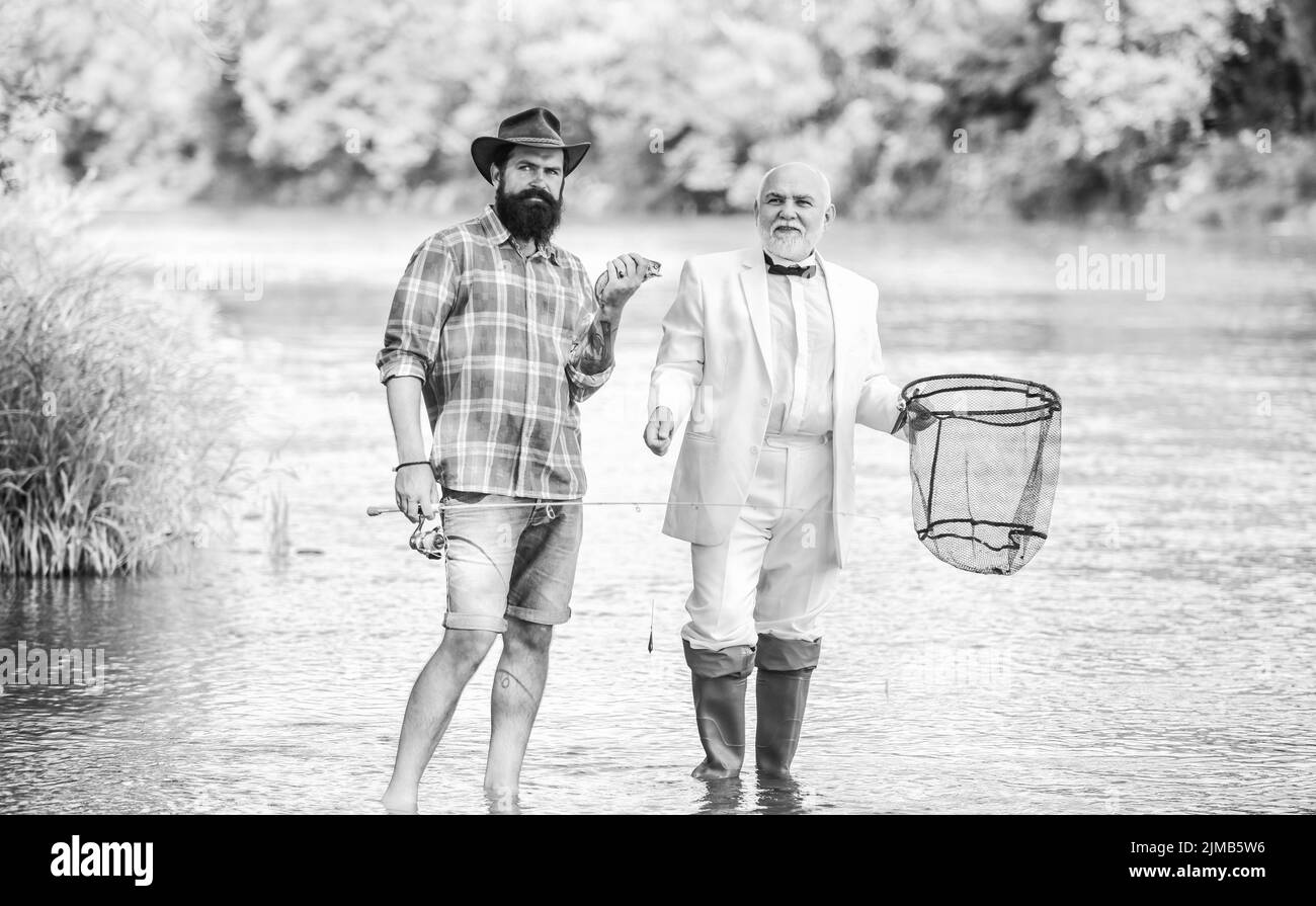 Men friends relaxing river background. Personal instructor. Bearded man ...