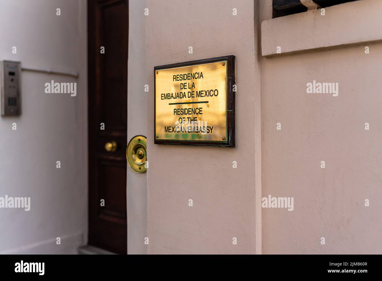 a close-up shot of a Gold plaque outside the Mexican Embassy, St George ...