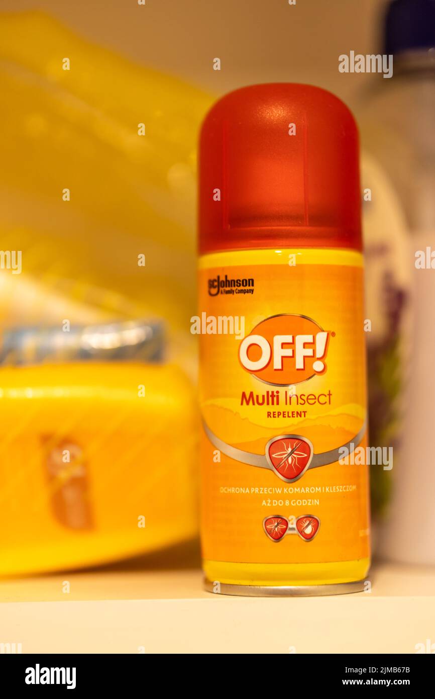 A vertical closeup of an OFF brand multi Insect spray bottle on a shelf ...