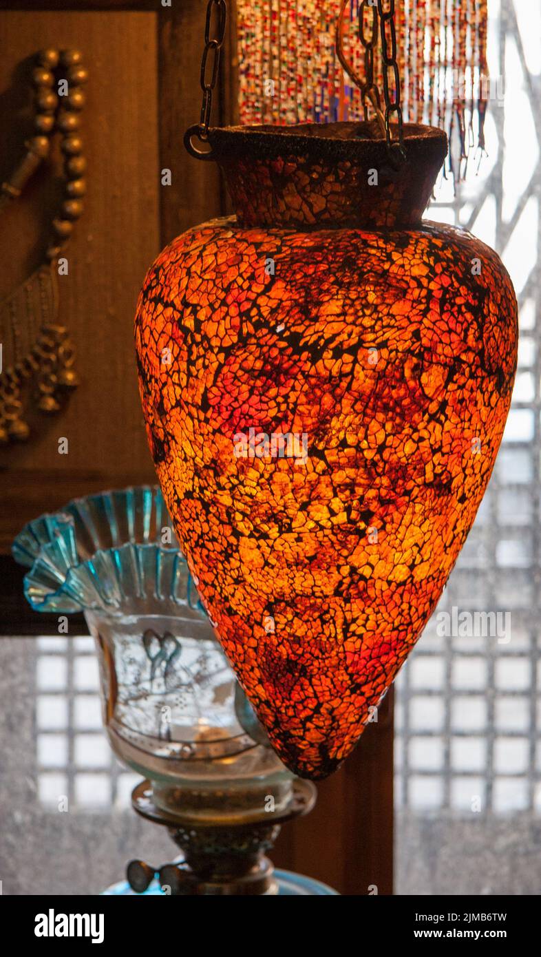 Traditional arabic glass lampshades on display in traditional market in ...