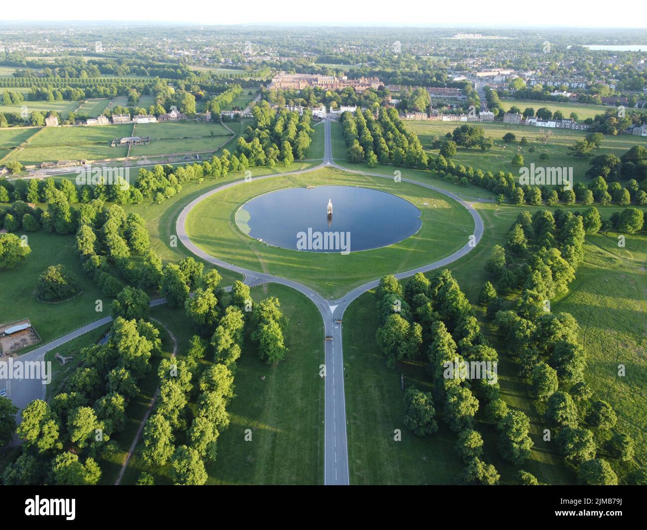 A drone view of Bushy park with Diana fountain during a green summer ...