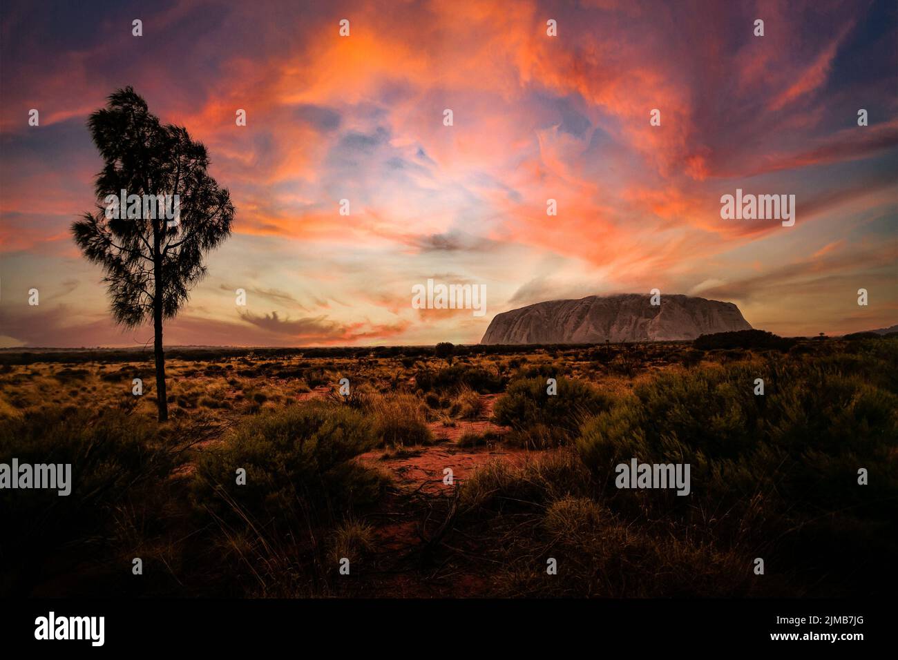 A dramatic sunset view with a colorful sky over Uluru, Ayers Rock, in ...