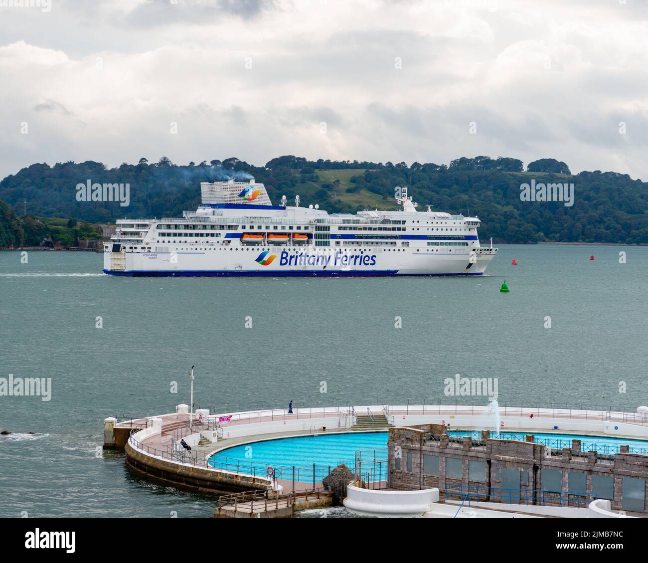 A drone view of Brittany Ferries arriving into Plymouth, UK harbor ...