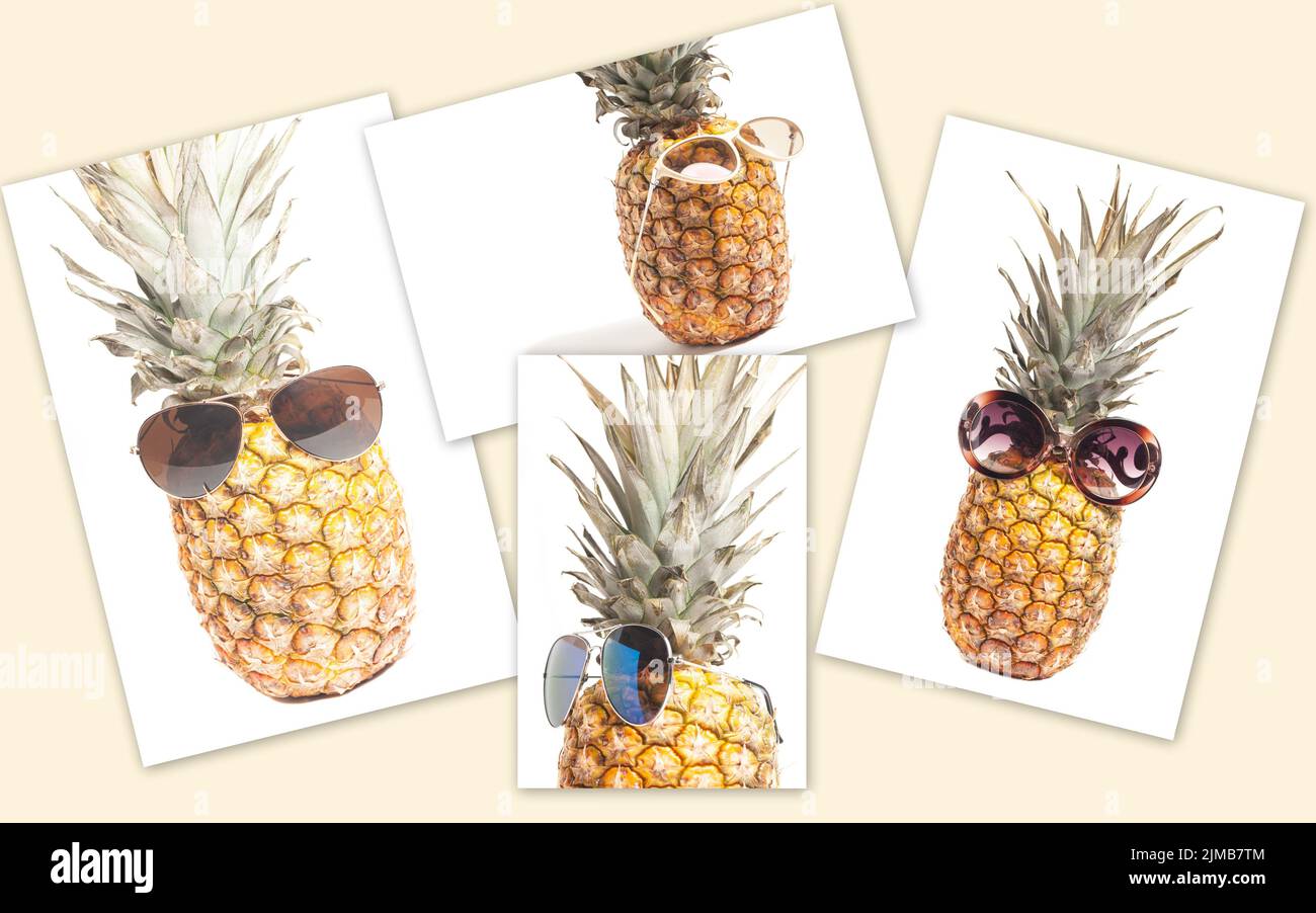 Collage with pineapple wearing sunglasses. Summertime vacation holiday ...