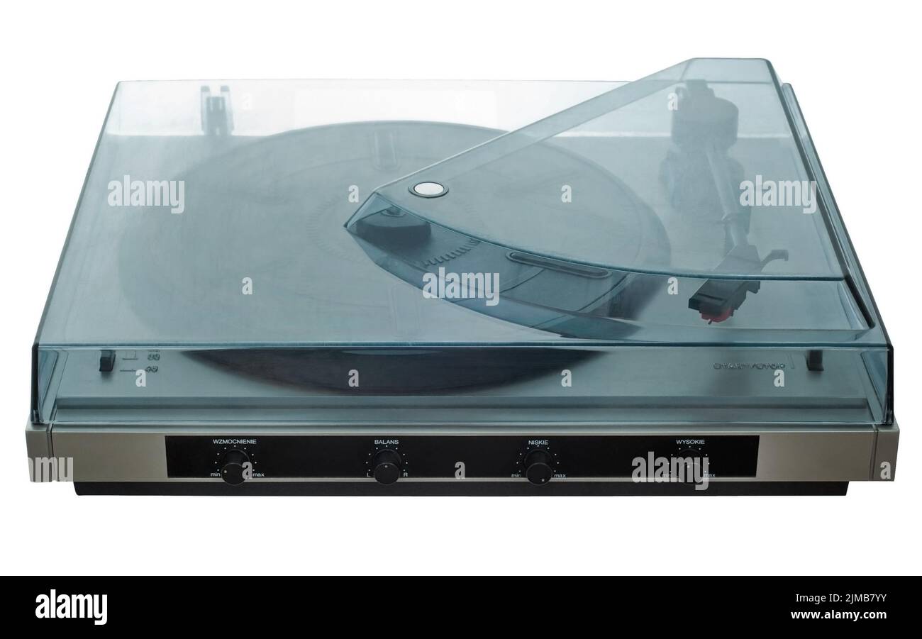 Isolated manual record player with clear plastic lid Stock Photo - Alamy