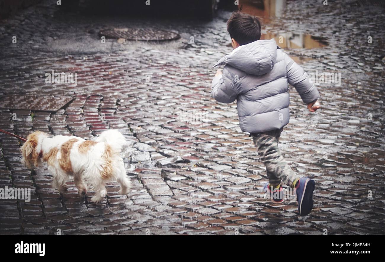 Kid running with dog hi-res stock photography and images - Alamy