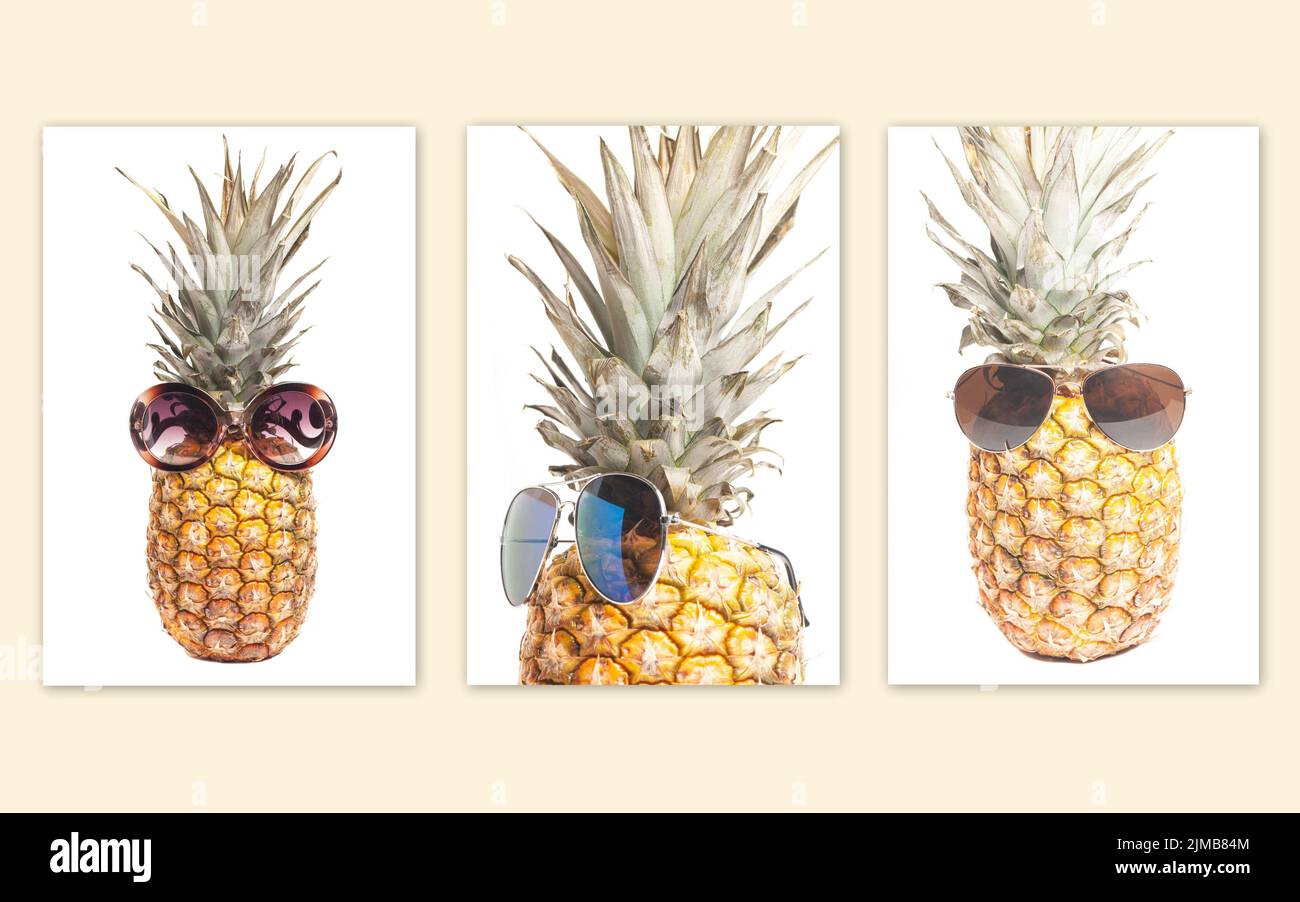 Collage with pineapple wearing sunglasses. Summertime vacation holiday ...