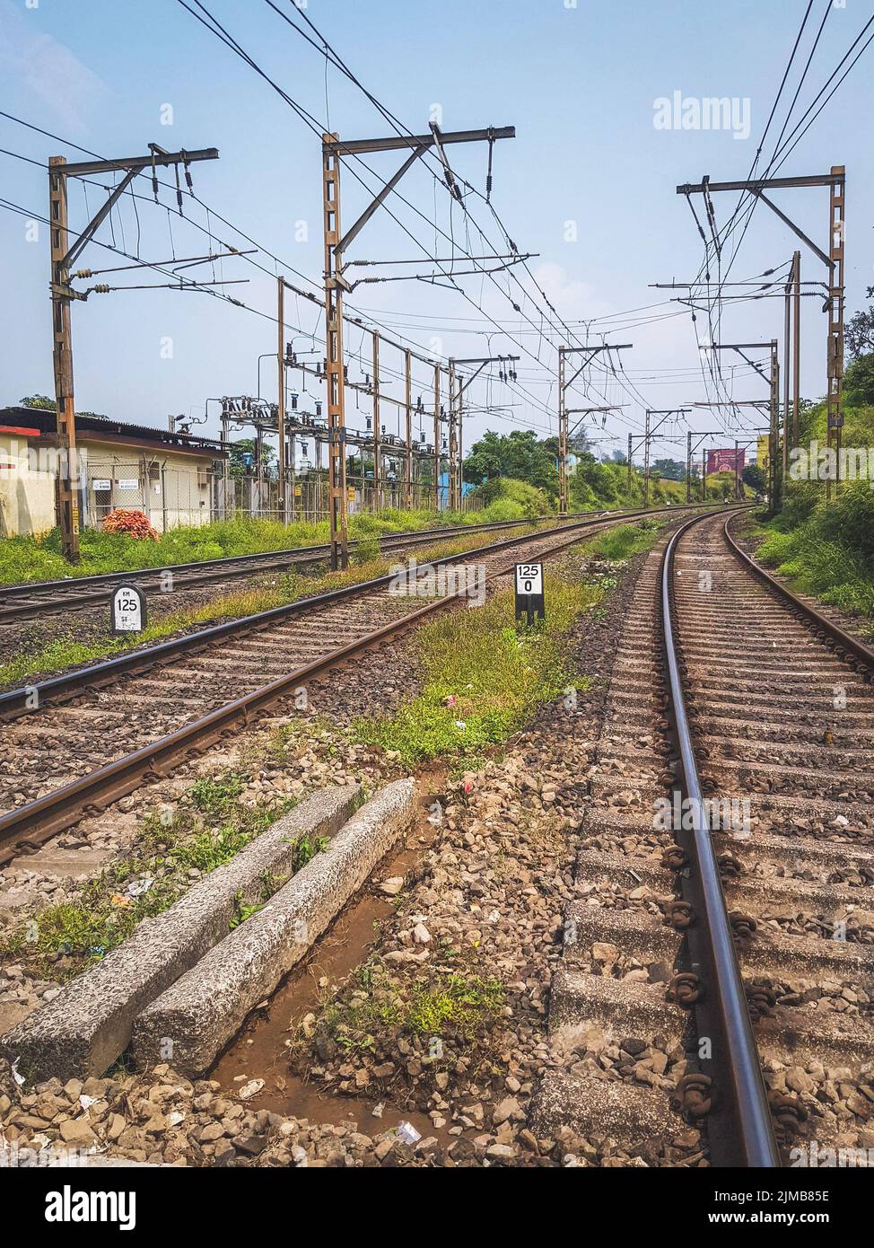 A view of electric posts along railroad in countryside, India Stock ...