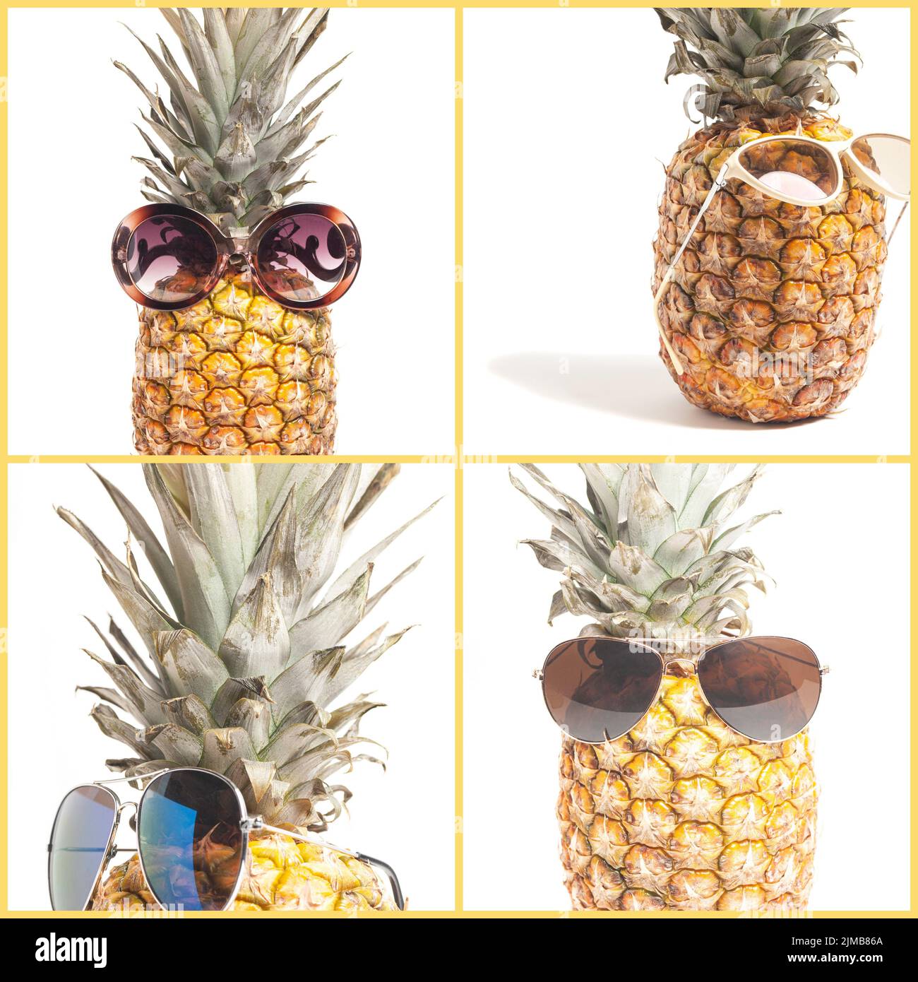 Collage with pineapple wearing sunglasses. Summertime vacation holiday ...