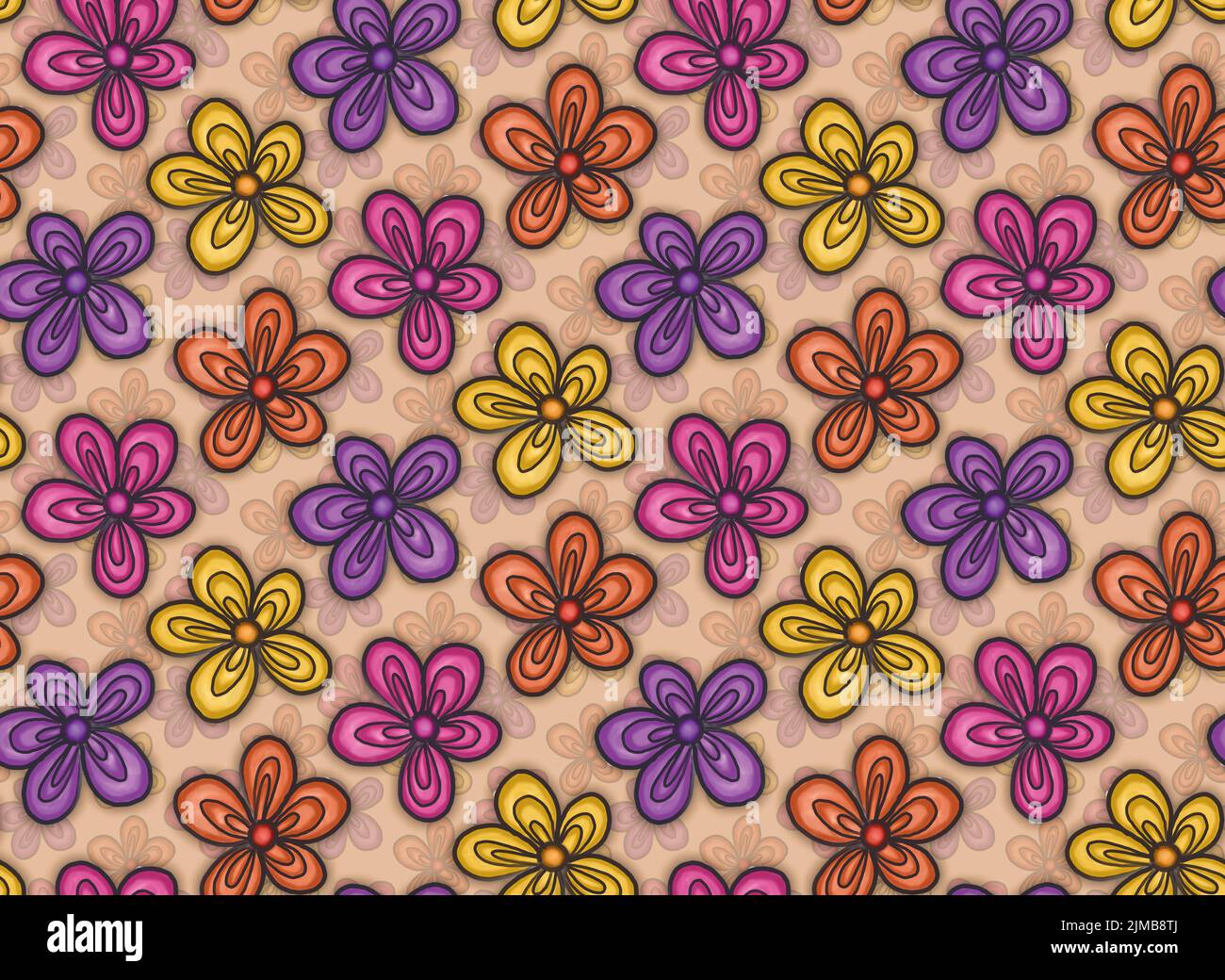 Seamless hand drawn colorful flowers pattern design Stock Photo - Alamy