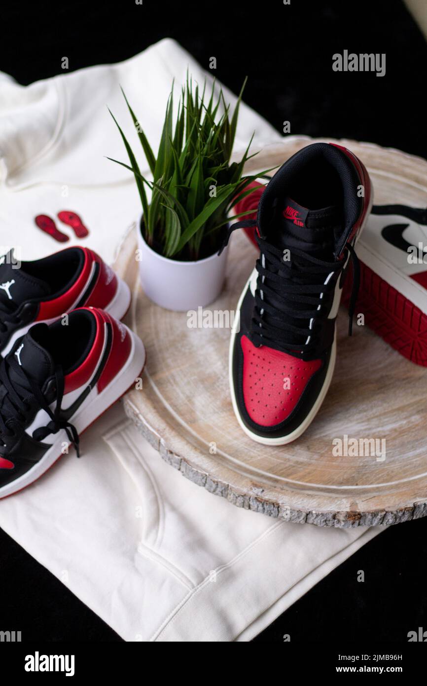 A vertical and top shot of the red Jordan sneakers Stock Photo - Alamy