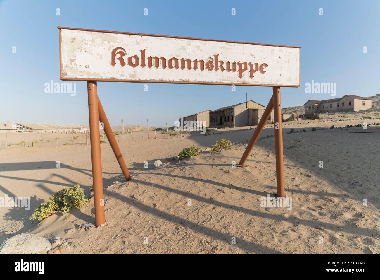 sign at abandoned diamond mine at Kolmanskop, Luderitz, Namibia Stock ...