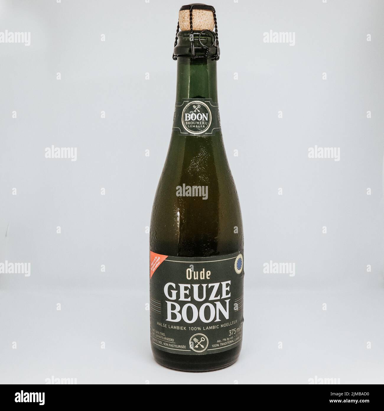 A bottle of Oude Geuze Boon beer isolated on white background Stock ...