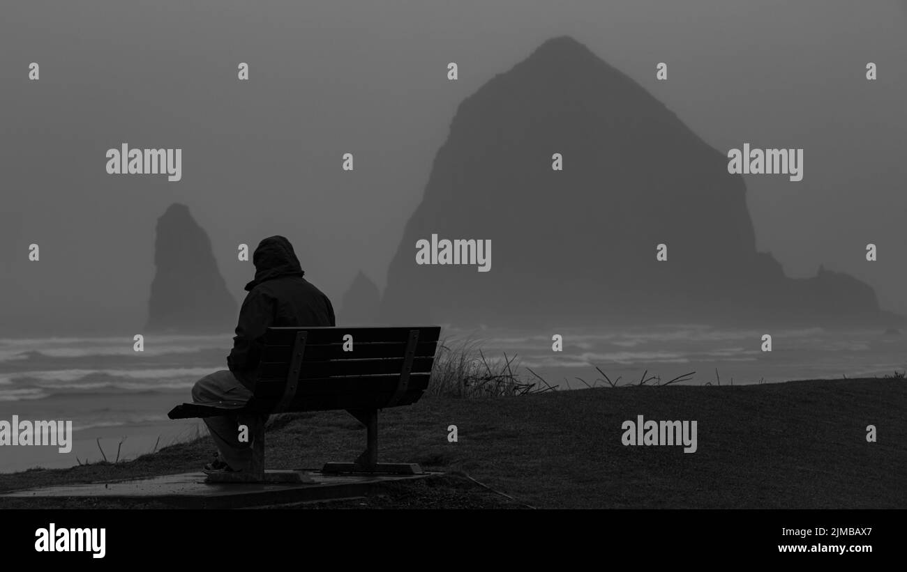 A single person sitting on a bench near a seascape during the rainy ...