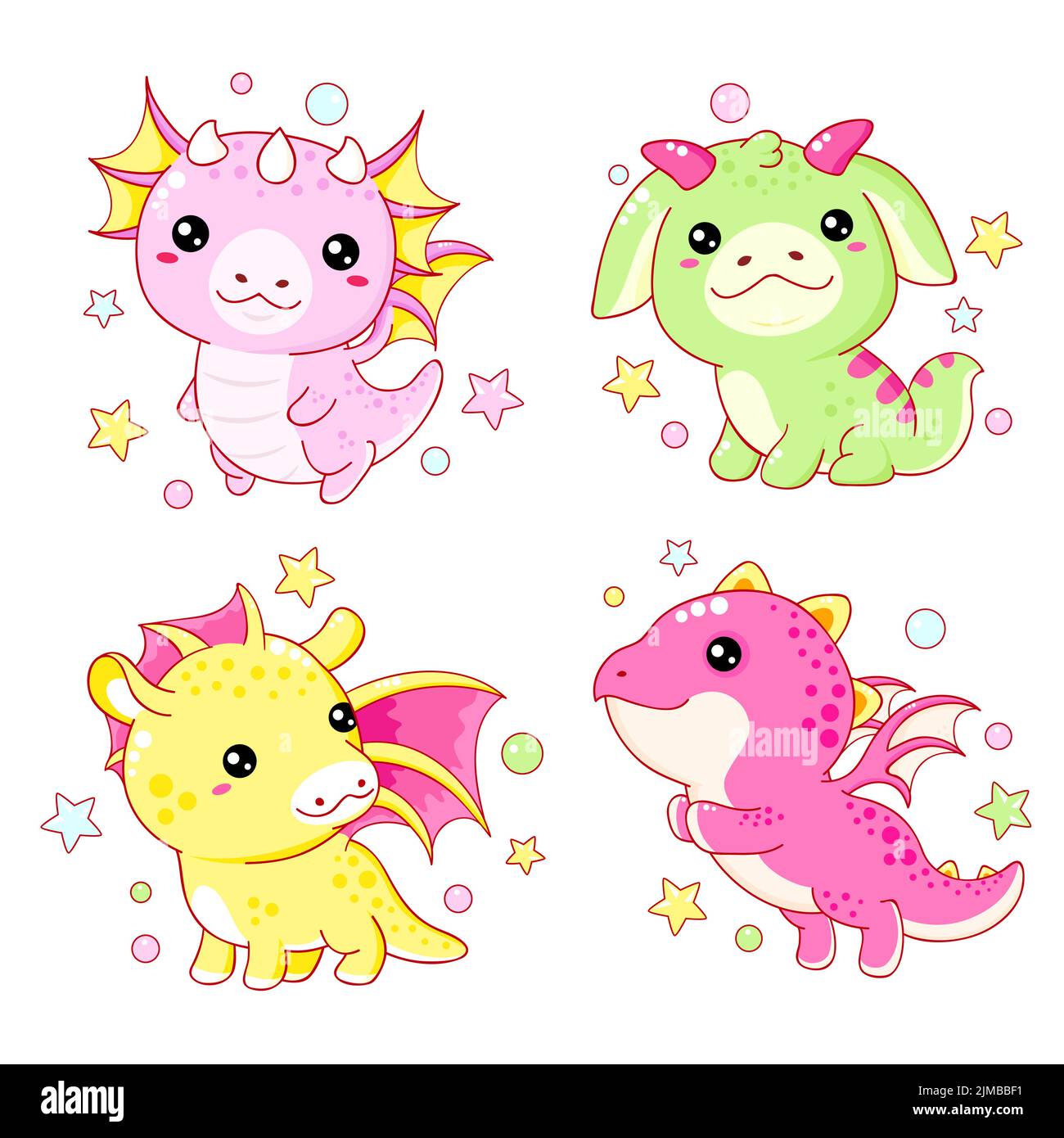 Set of kawaii fairy tale characters. Little dragons in various poses ...
