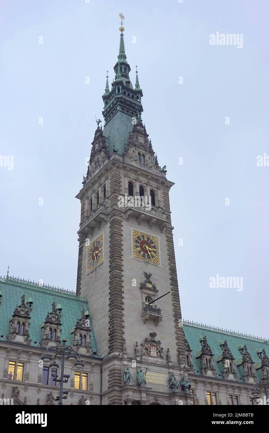 A vertical shot of the Hamburg City Hall (Hamburger Rathaus) with a ...
