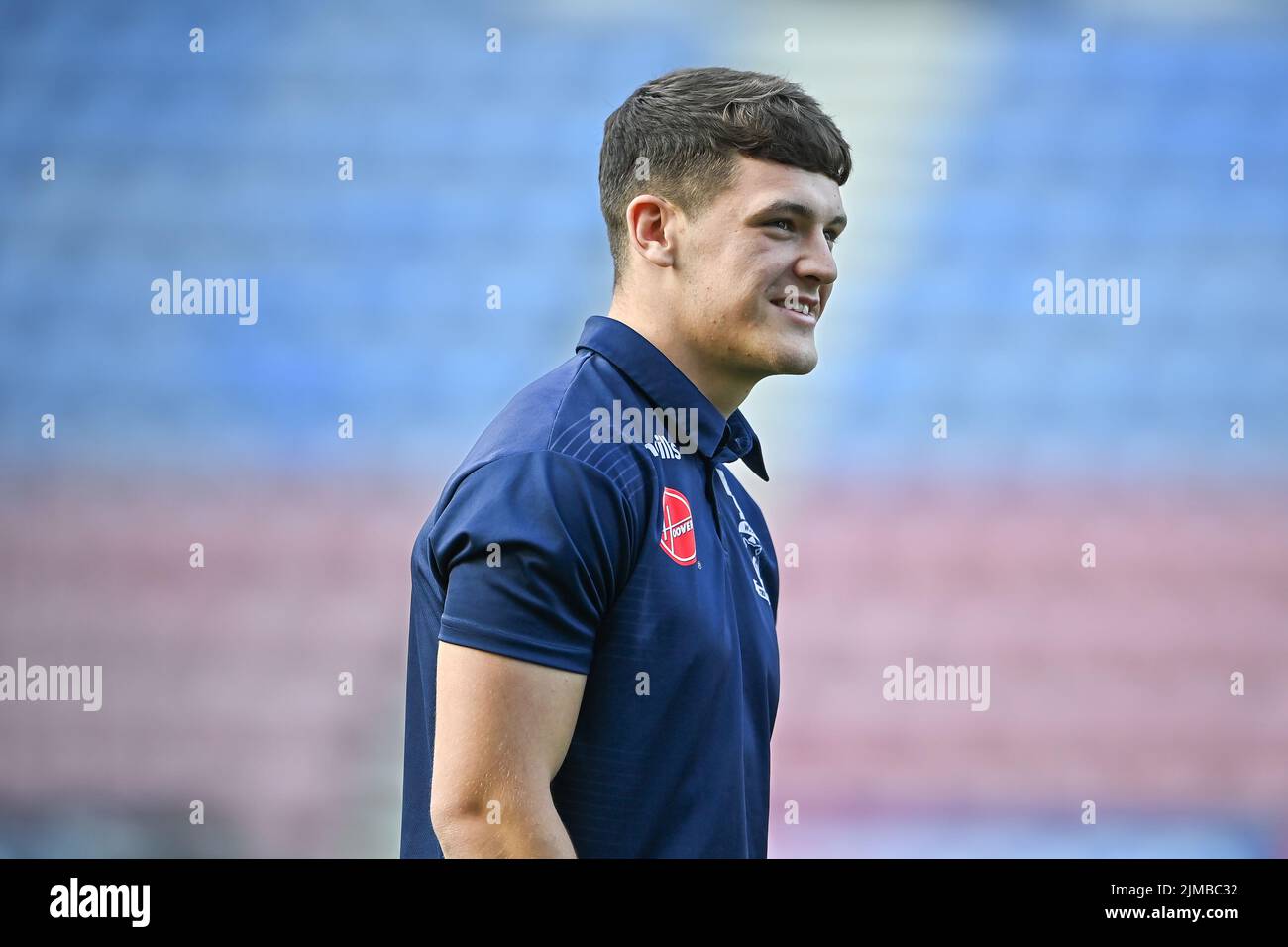 Connor Wrench #23 of Warrington Wolves arrives at the DW Stadium, Home ...