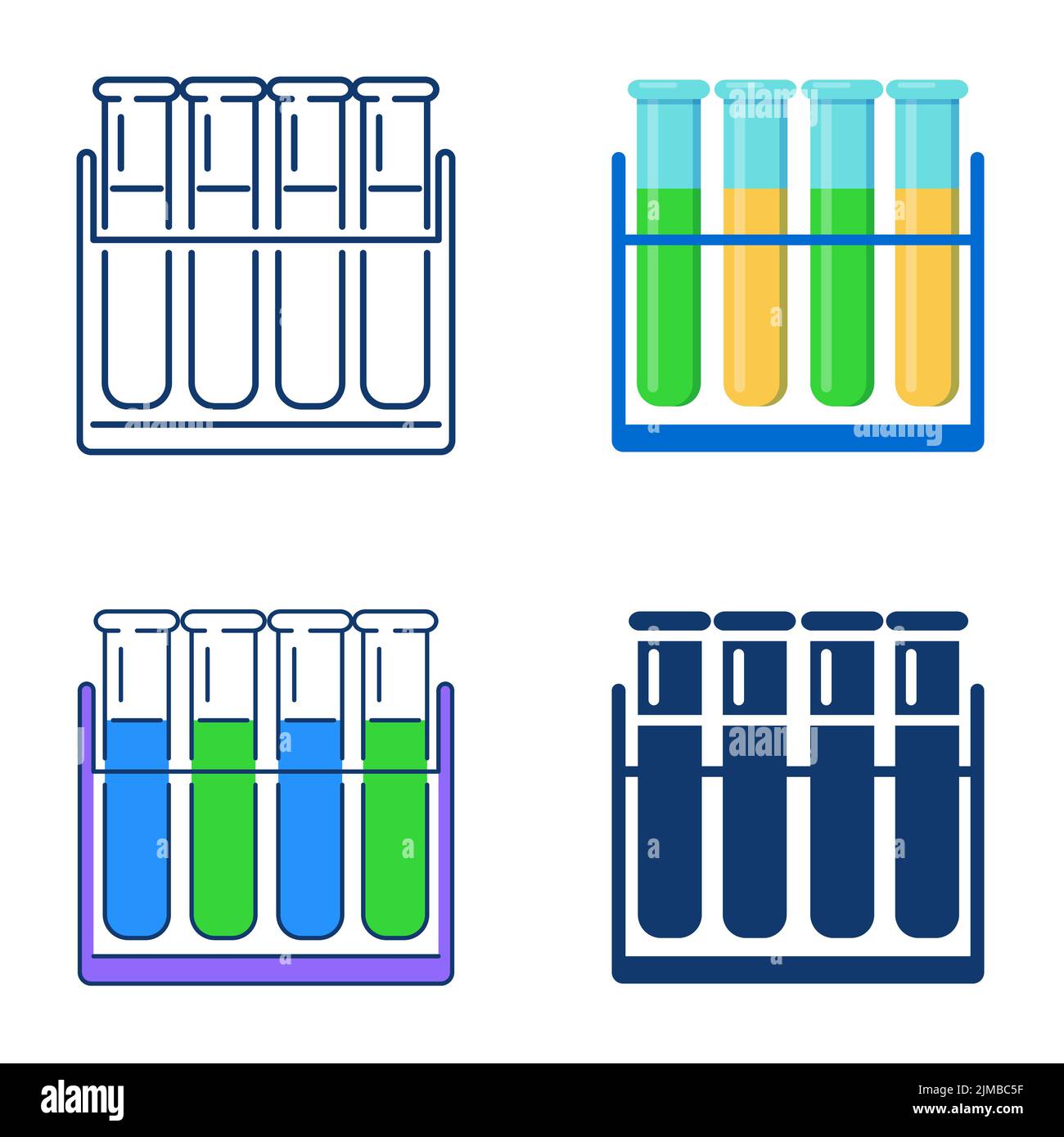 Test tubes on holder icon set in flat and line style. Chemical research ...