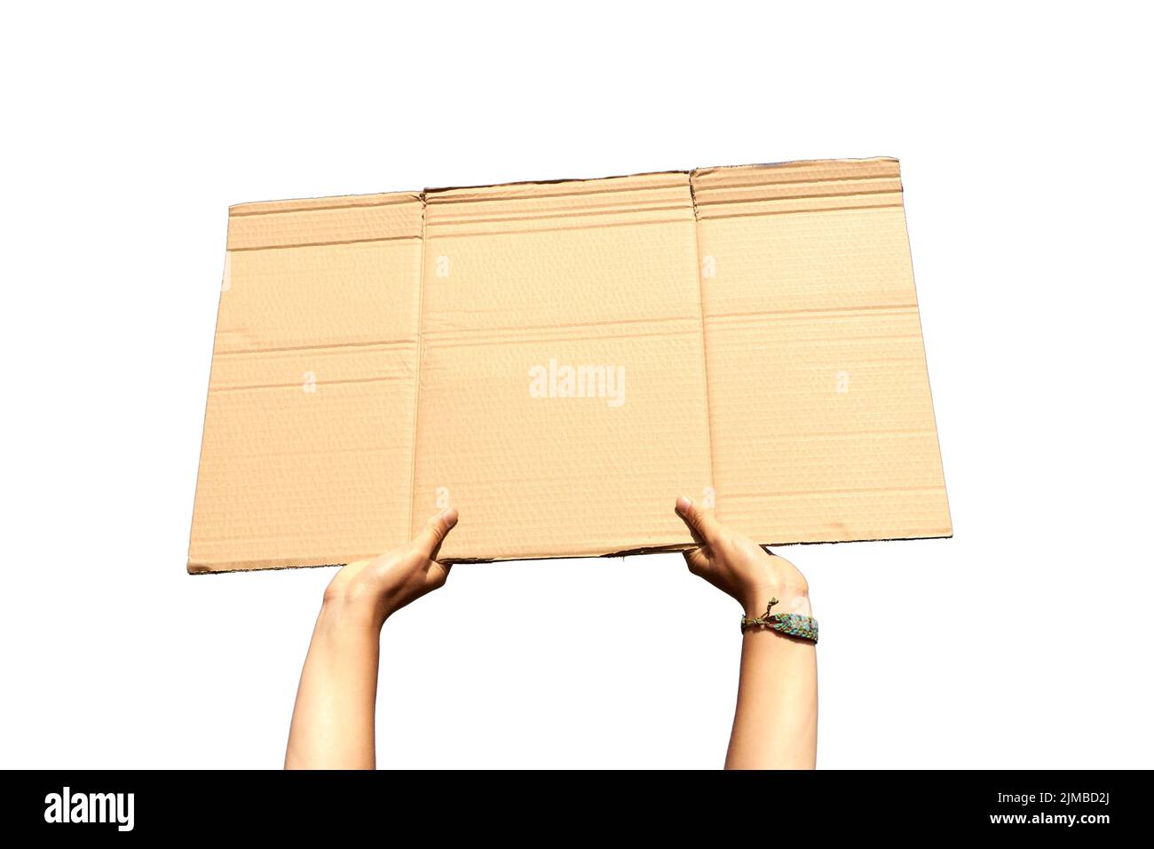 A cardboard Signs empty held by hands on a white background ready for ...