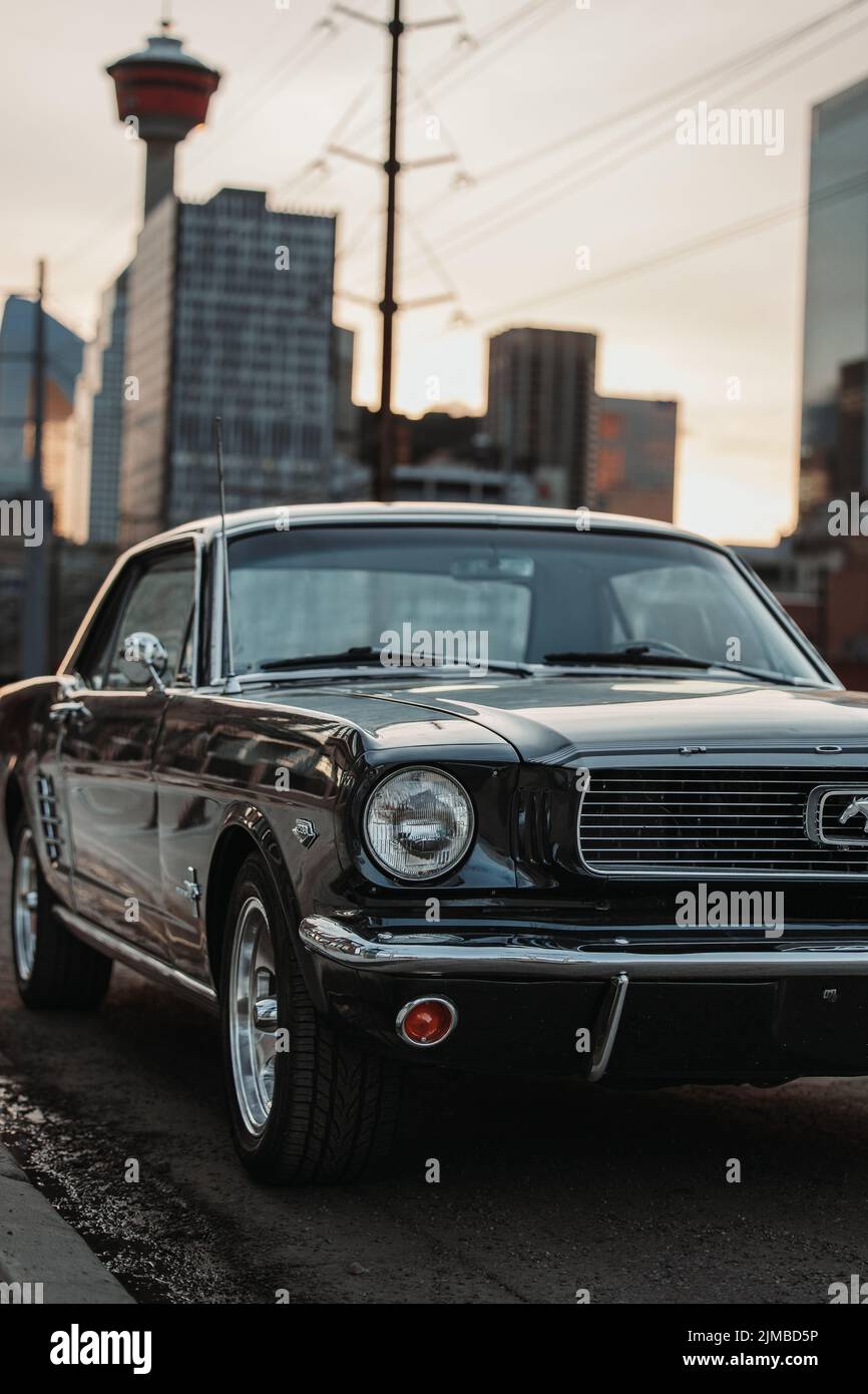 Vertical and colour image of classic Ford Mustang with buildings in the ...
