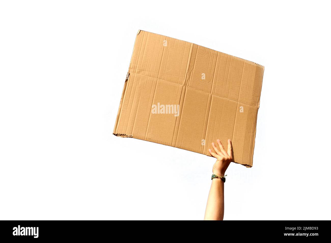 A cardboard Signs empty held by a hand on a white background ready for ...