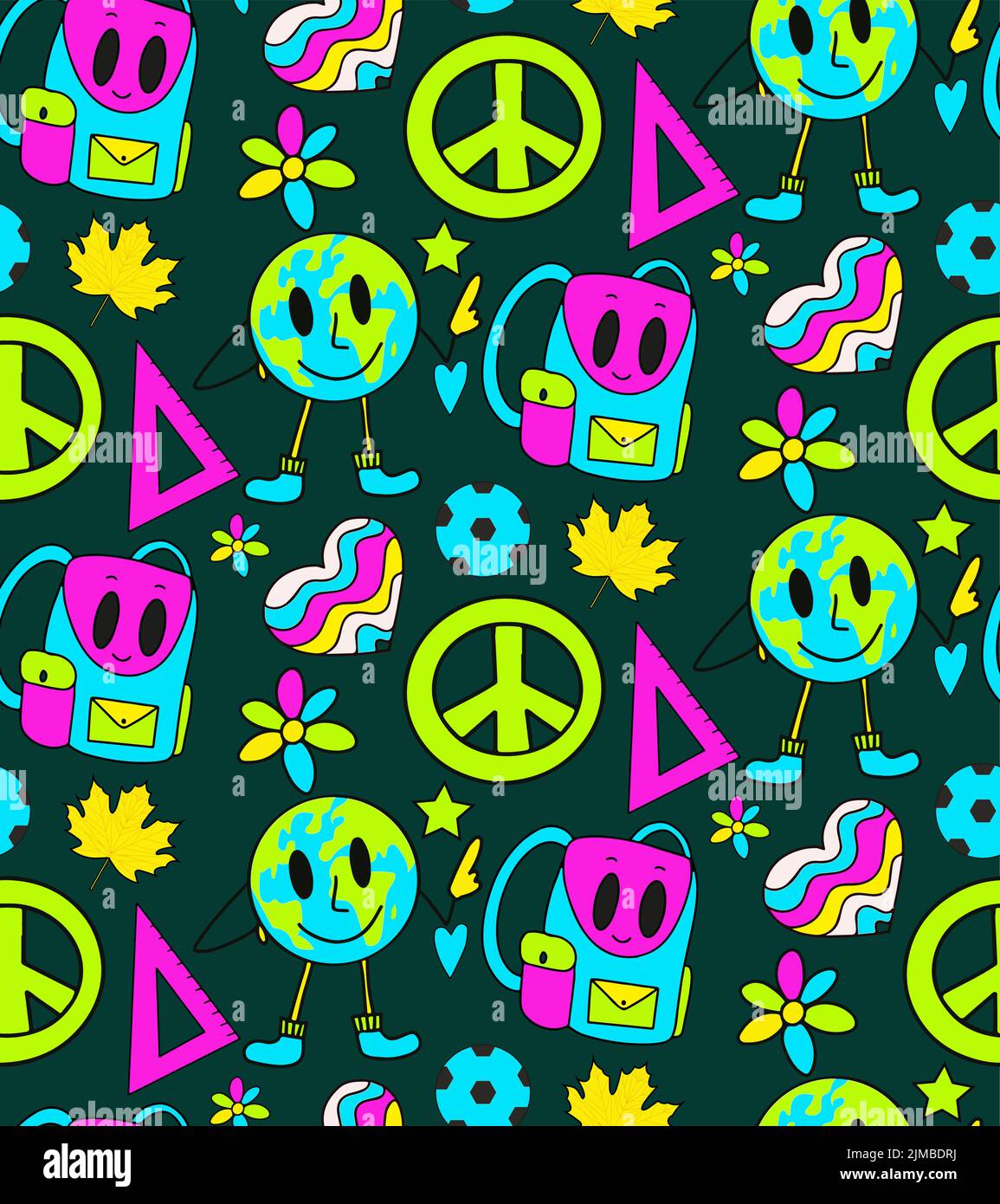 Back to school groovy pattern in retro 70s style. Psychedelic texture ...