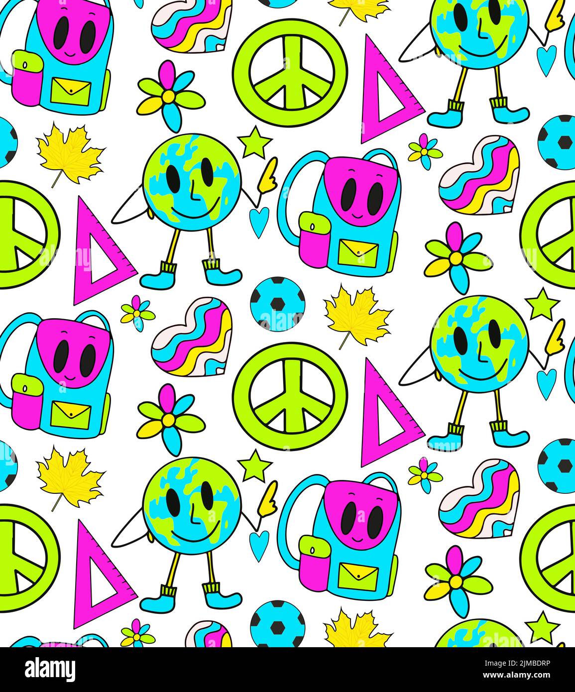 Back to school groovy pattern in retro 70s style. Psychedelic texture ...